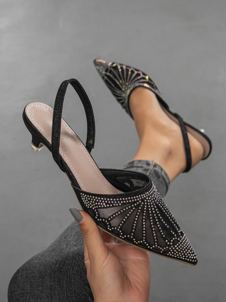 Women Rhinestone Decor Point Toe Kitten Heeled Flats, Glamorous Outdoor ...