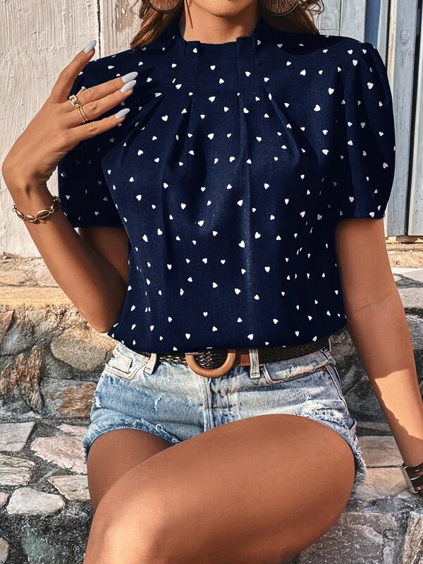 Shein Frenchy Heart Print Plicated Detail Mock Neck Puff Sleeve Blouse