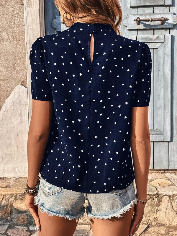 Shein Frenchy Heart Print Plicated Detail Mock Neck Puff Sleeve Blouse