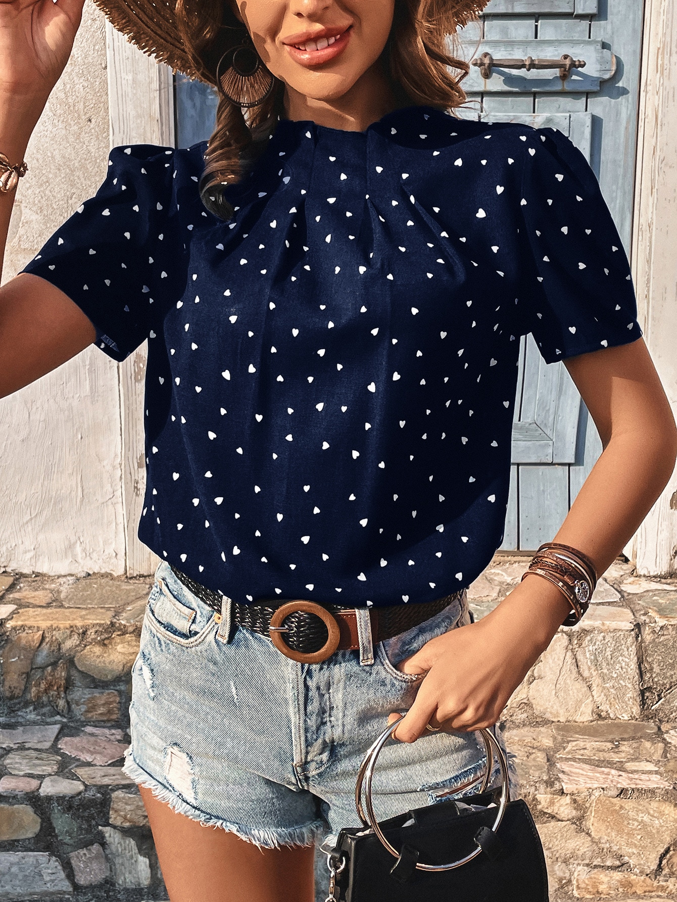 Shein Frenchy Heart Print Plicated Detail Mock Neck Puff Sleeve Blouse