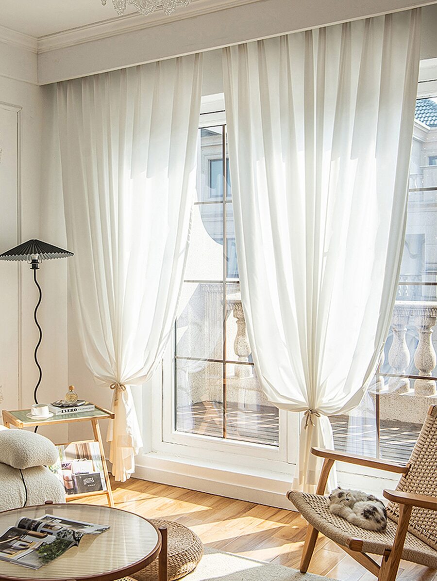 1pc White Polyester Fiber Sheer Curtain, Simple Style Translucent ...