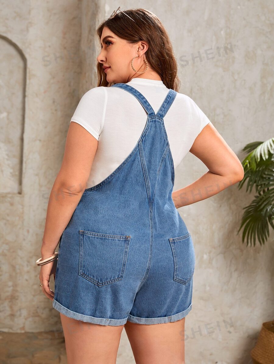 SHEIN Essnce Plus Roll Hem Denim Overall Romper Without Tee | SHEIN USA