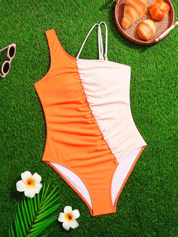 SHEIN Teen Girls Colorblock Ruched Asymmetrical Neck One Piece Swimsuit ...