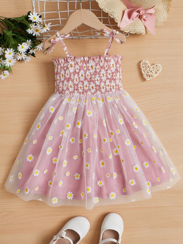 Shein Kids Charmng Kleinkind Mädchen Cami Kleid Mit Blume Muster, Netz 