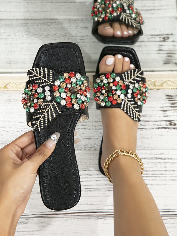 Women Rhinestone & Leaf Decor Flat Sandals, Glamorous Slide Sandals For ...