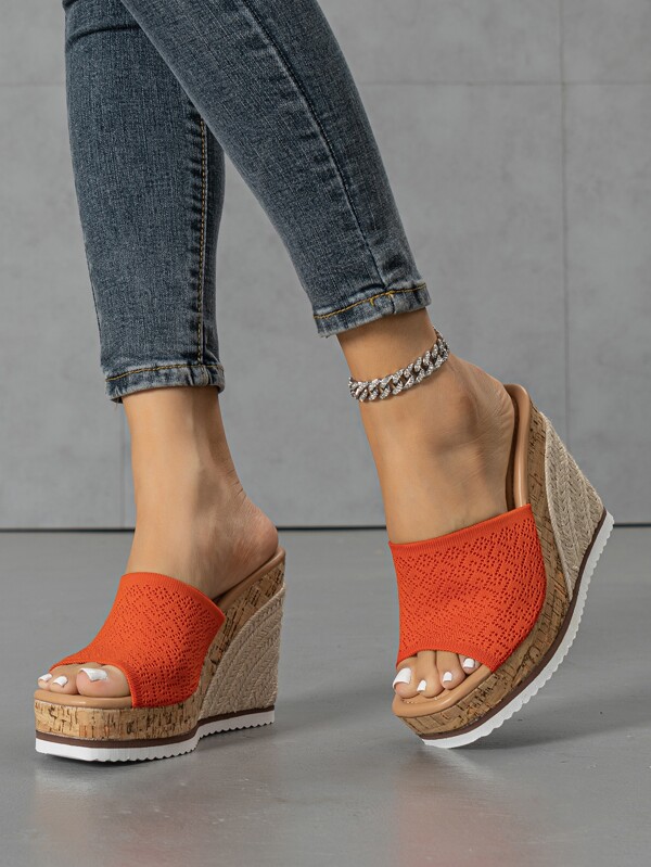 Women Knit Detail Espadrille Sandals Vacation Orange Wedge Slide Sandals For Summer Shein Usa