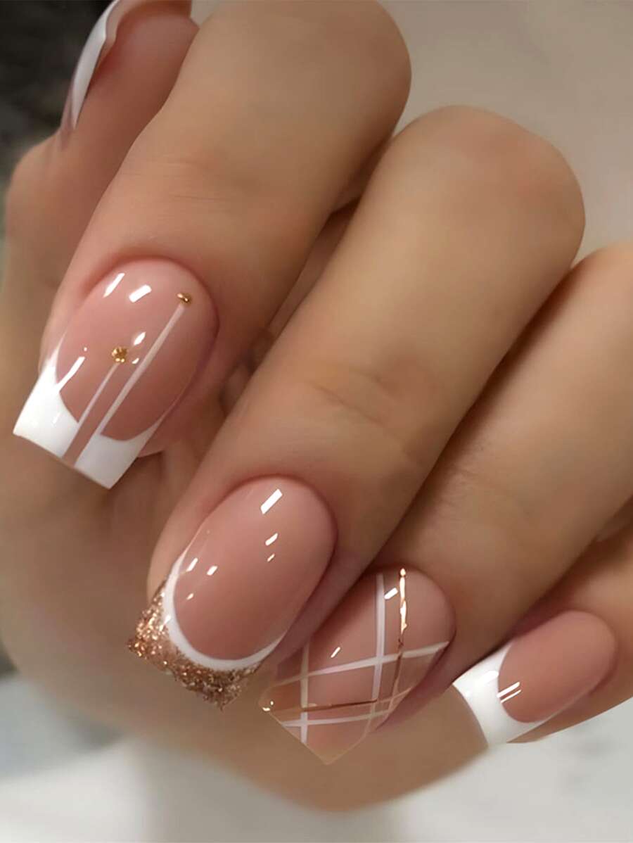 Transform Your Nails With 24pcs Short Square White French Line ...