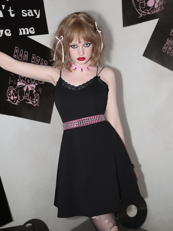 ROMWE Goth Solid Contrast Lace Cami Dress | SHEIN UK