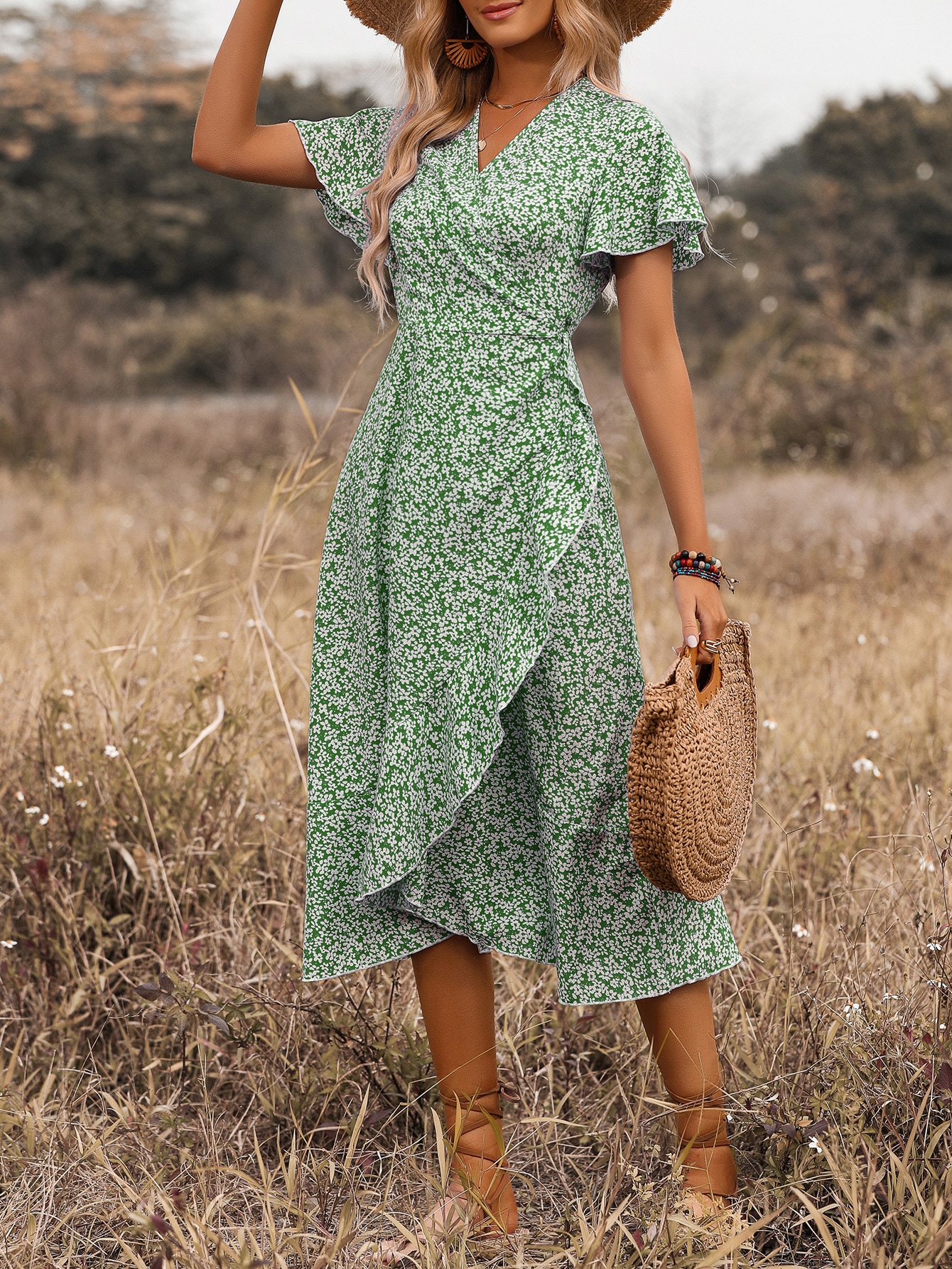 SHEIN VCAY Ditsy Floral Print Butterfly Sleeve Wrap Dress | SHEIN UK