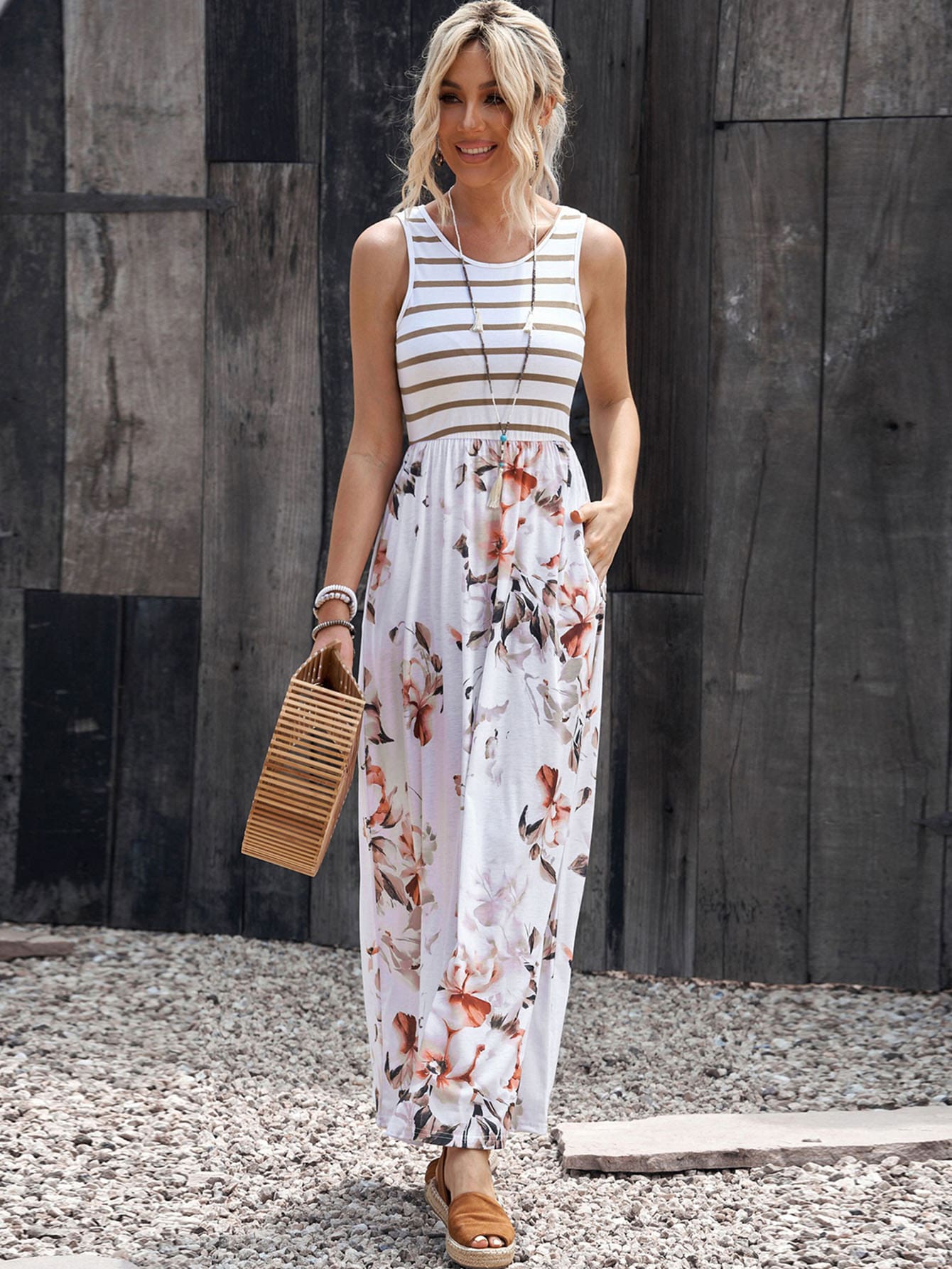 Acelitt Kleid mit Streifen, & Blume Muster, versteckt Tasche | aktuelle ...