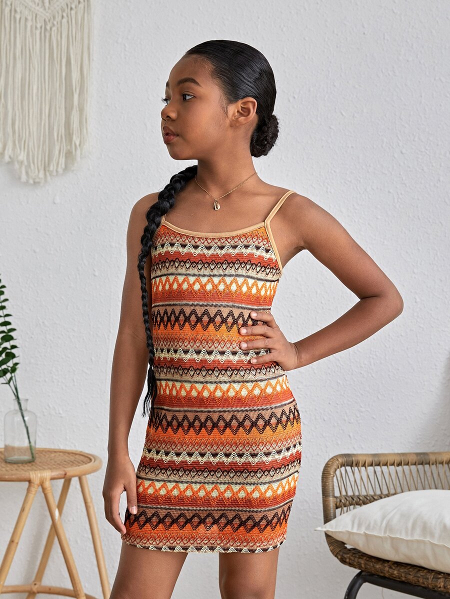 SHEIN Tween Girl Vacation Casual Knit Snug Fit Geometric Pattern Cami ...