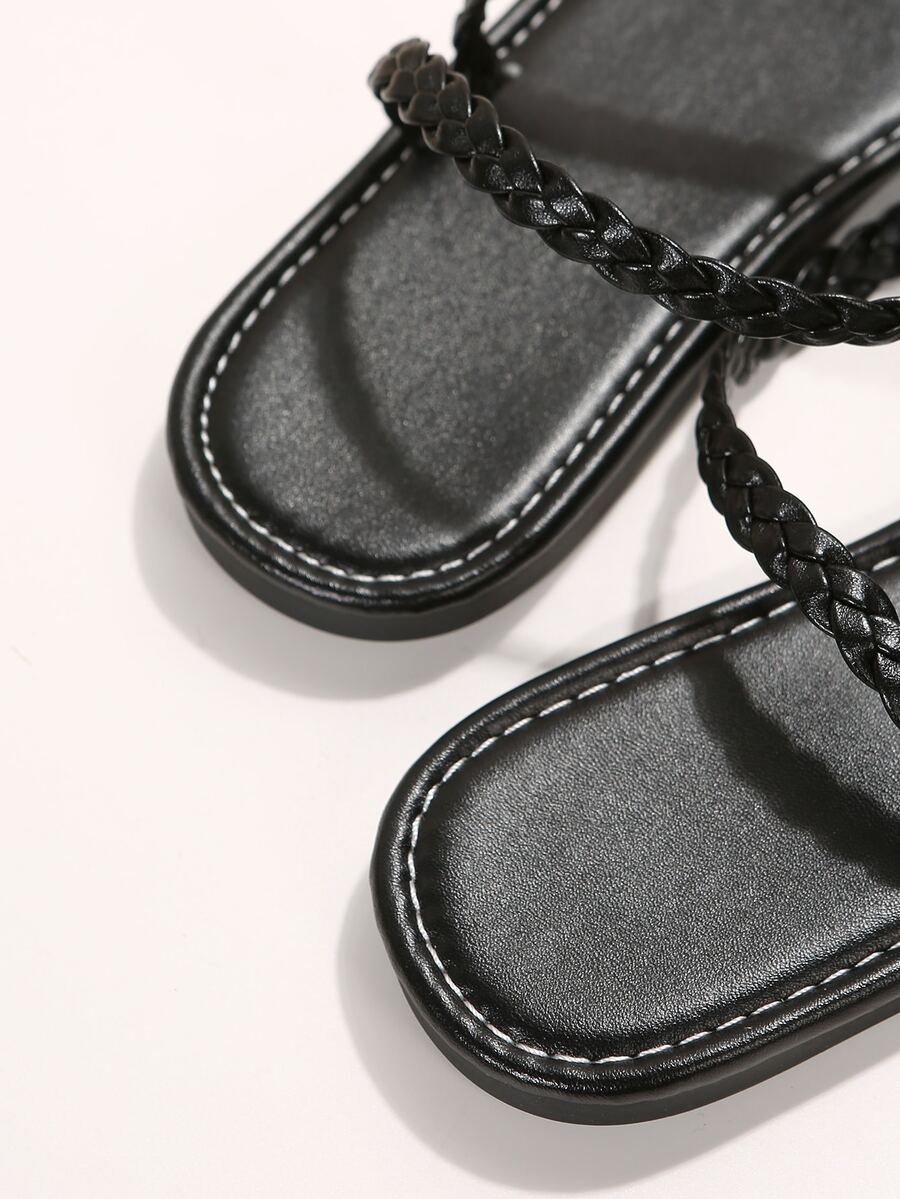 Women Braided Detail Toe Ring Flat Sandals, Vacation Black Thong ...