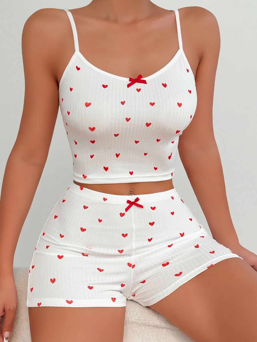 Heart Print Bow Front PJ Set | SHEIN UK