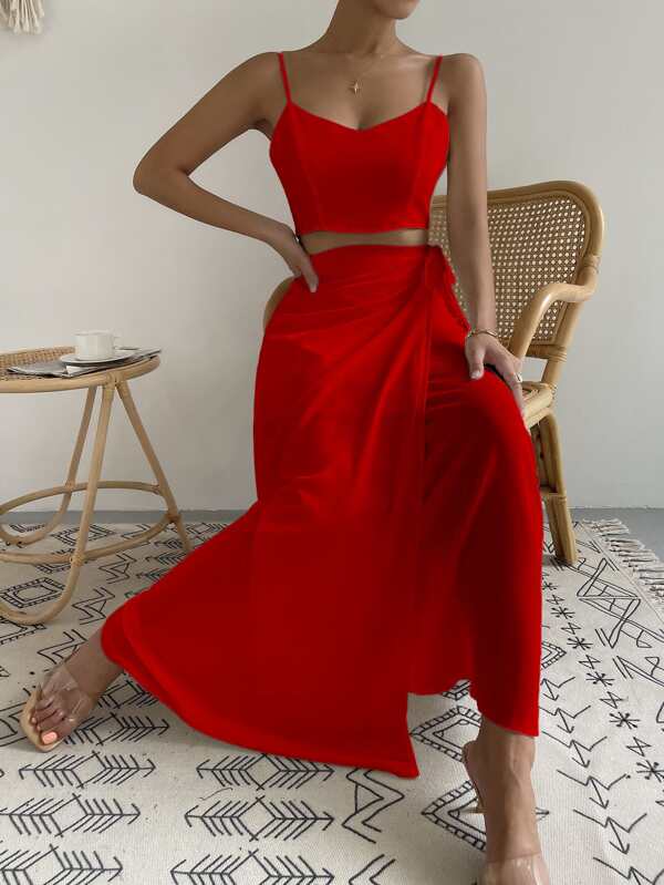 Shein Privé Solid Cami Top And High Waist Wrap Skirt Shein