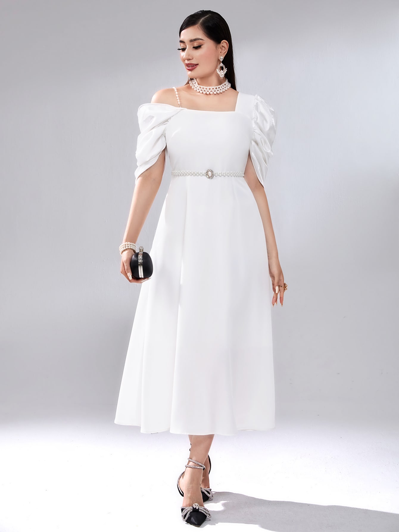 SHEIN Modely Solid Asymmetrical Neck Puff Sleeve A-line Dress | SHEIN USA