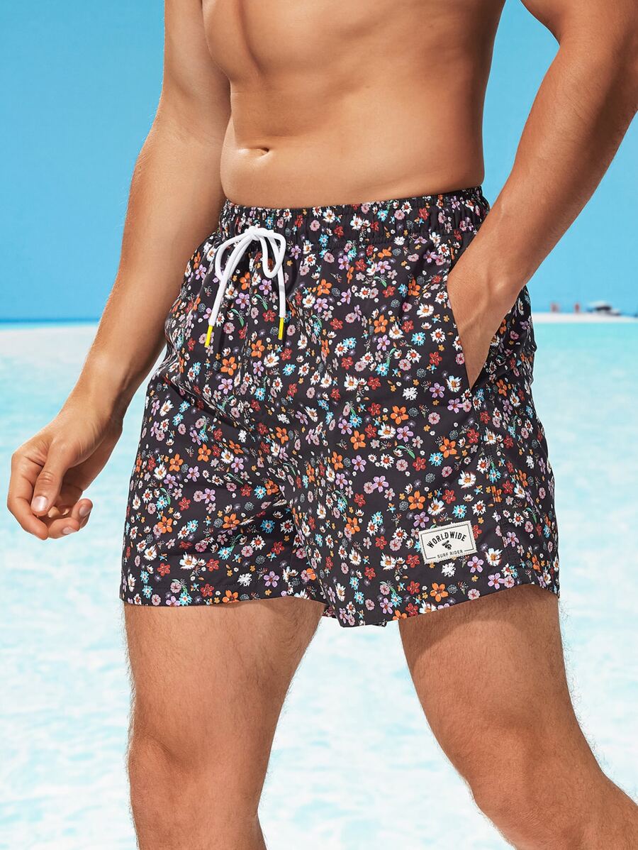 Manfinity Swimmode Men Ditsy Floral Drawstring Waist Swim Trunks ...