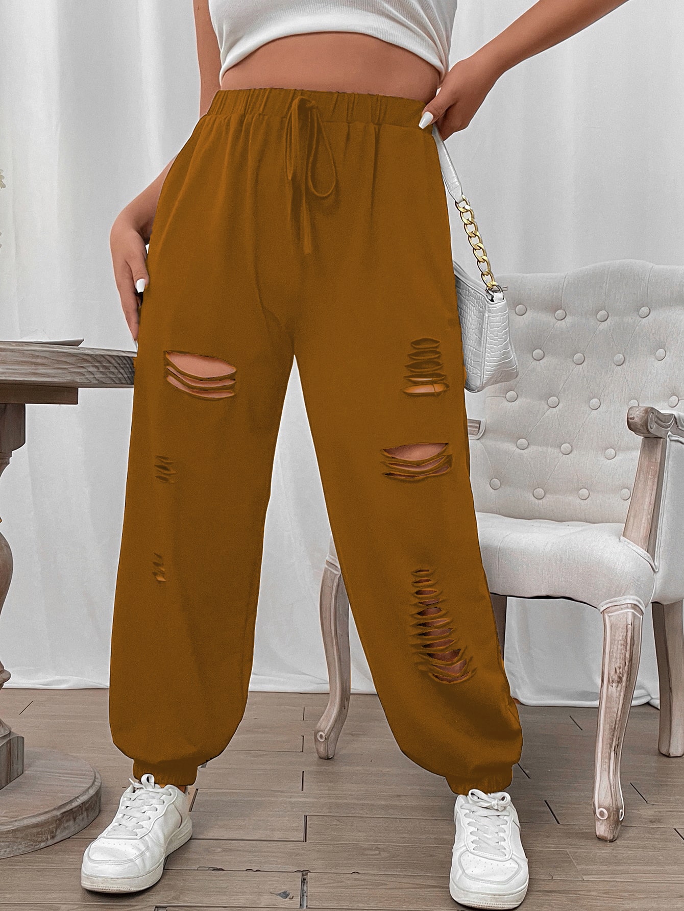 Plus Drawstring Waist Ripped Sweatpants | SHEIN USA