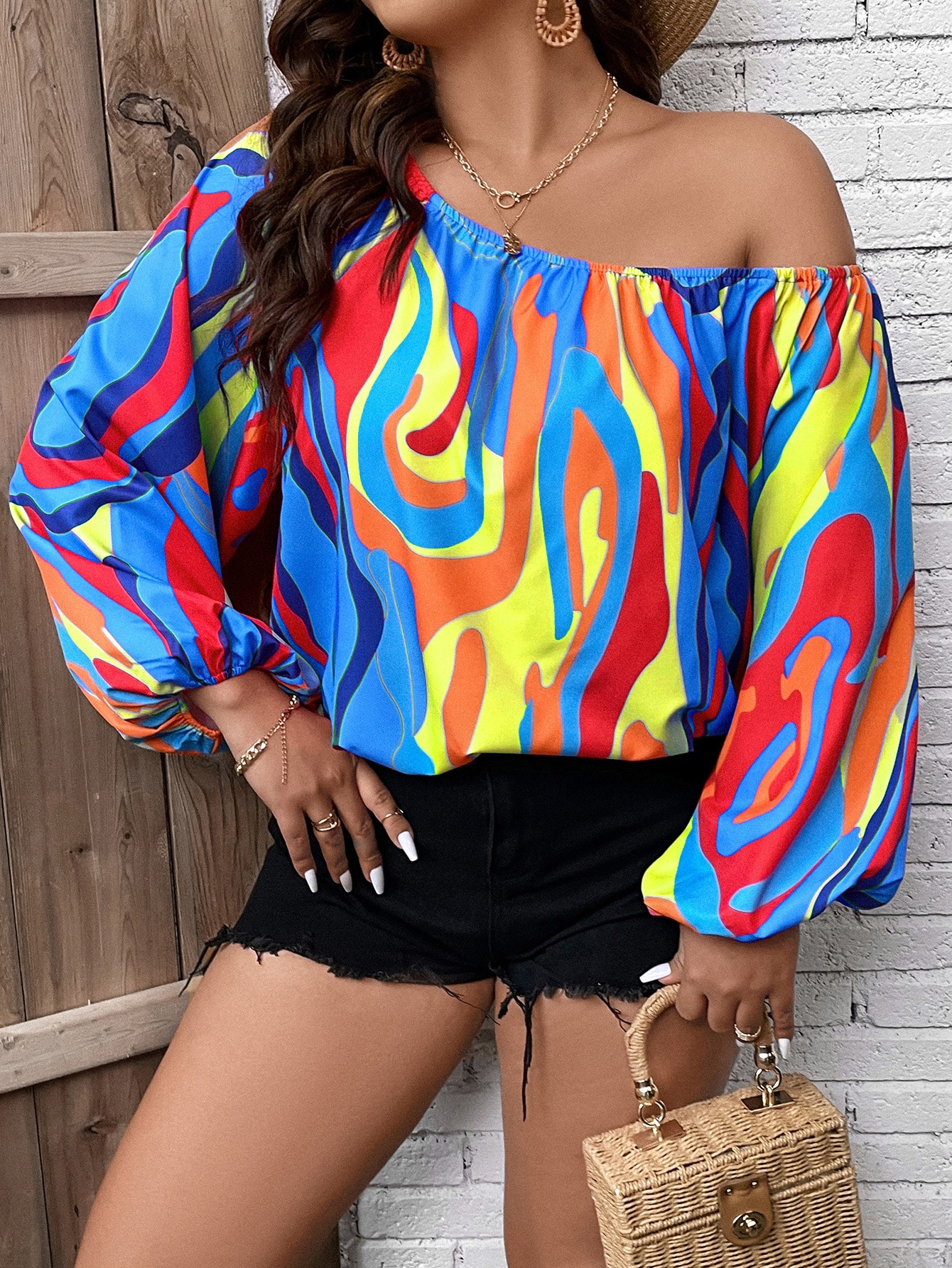 Plus Allover Print Asymmetrical Neck Lantern Sleeve Blouse Shein Usa