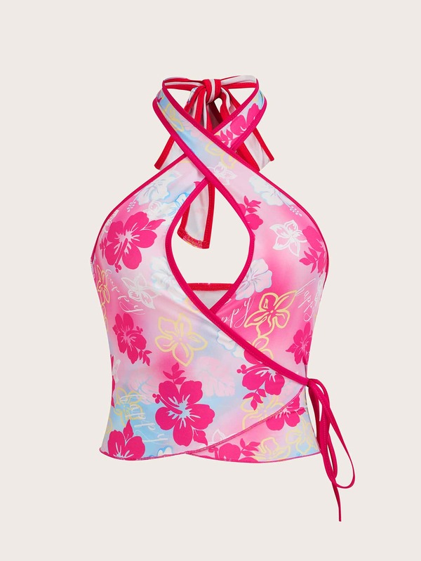 SHEIN ICON Floral Print Crisscross Tie Side Halter Top | SHEIN USA