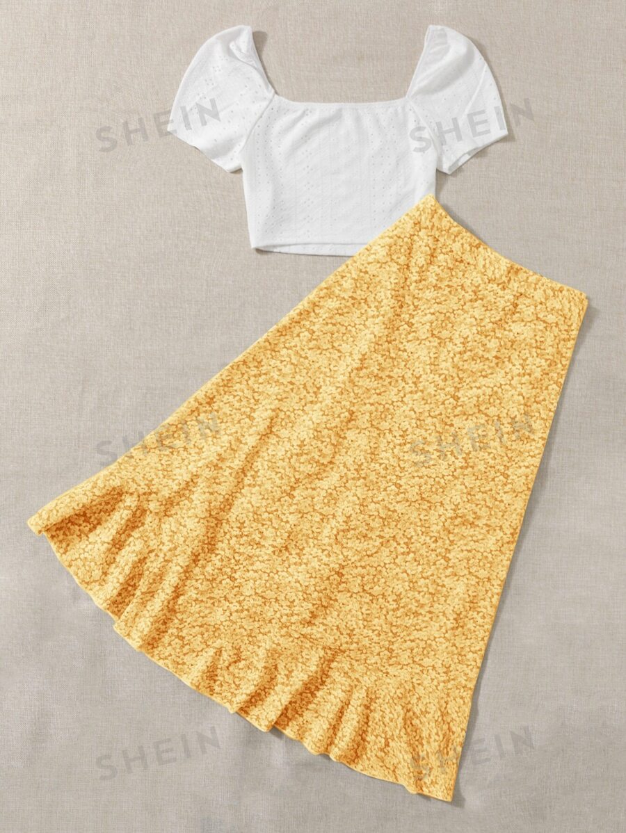 Shein Wywh Square Neck Tee And Ditsy Floral Print Knot Side Ruffle Hem