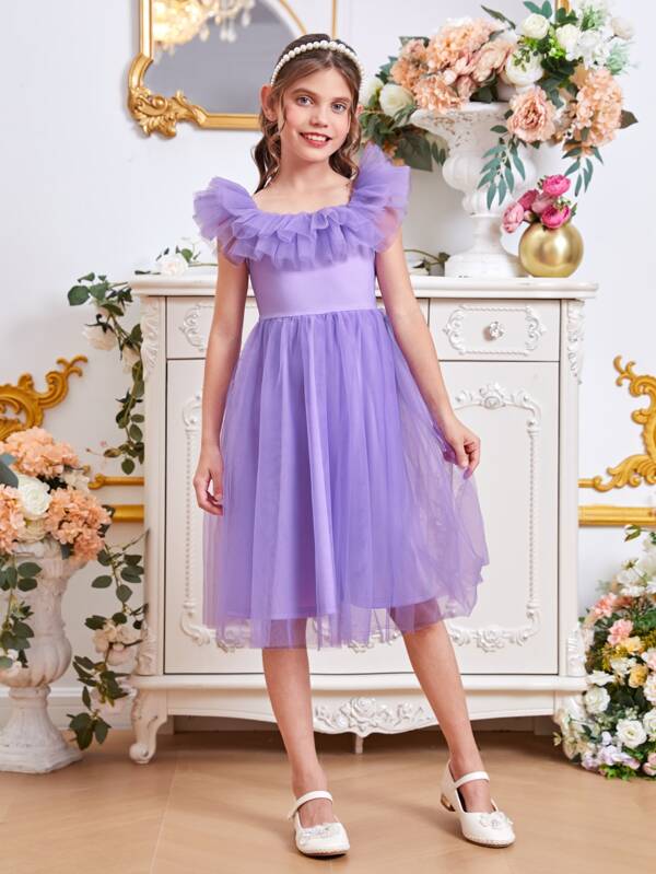 Shein Kids Nujoom Girls Ruffle Trim Mesh Overlay Dress | Shein Usa