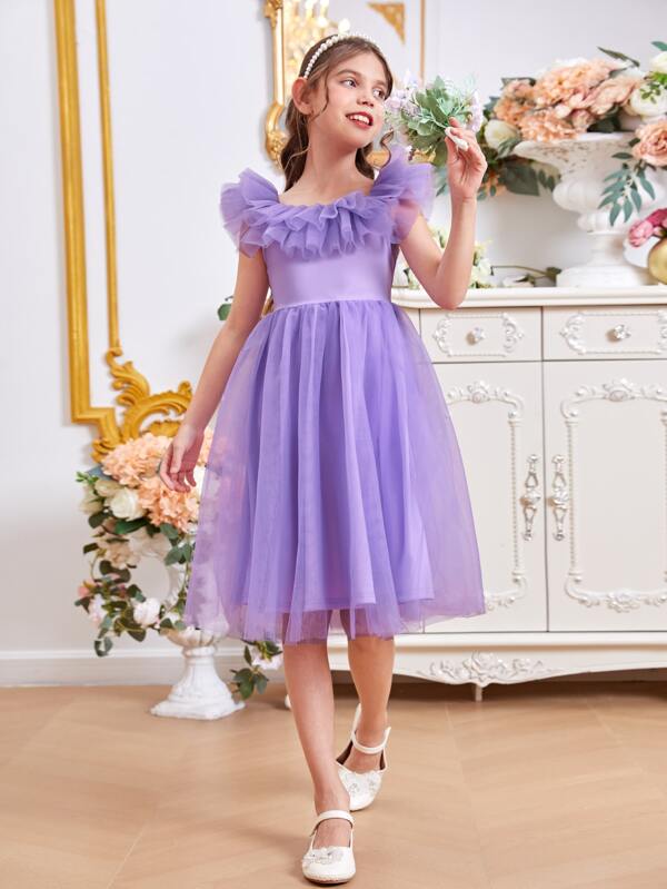 SHEIN Kids Nujoom Girls Ruffle Trim Mesh Overlay Dress | SHEIN USA