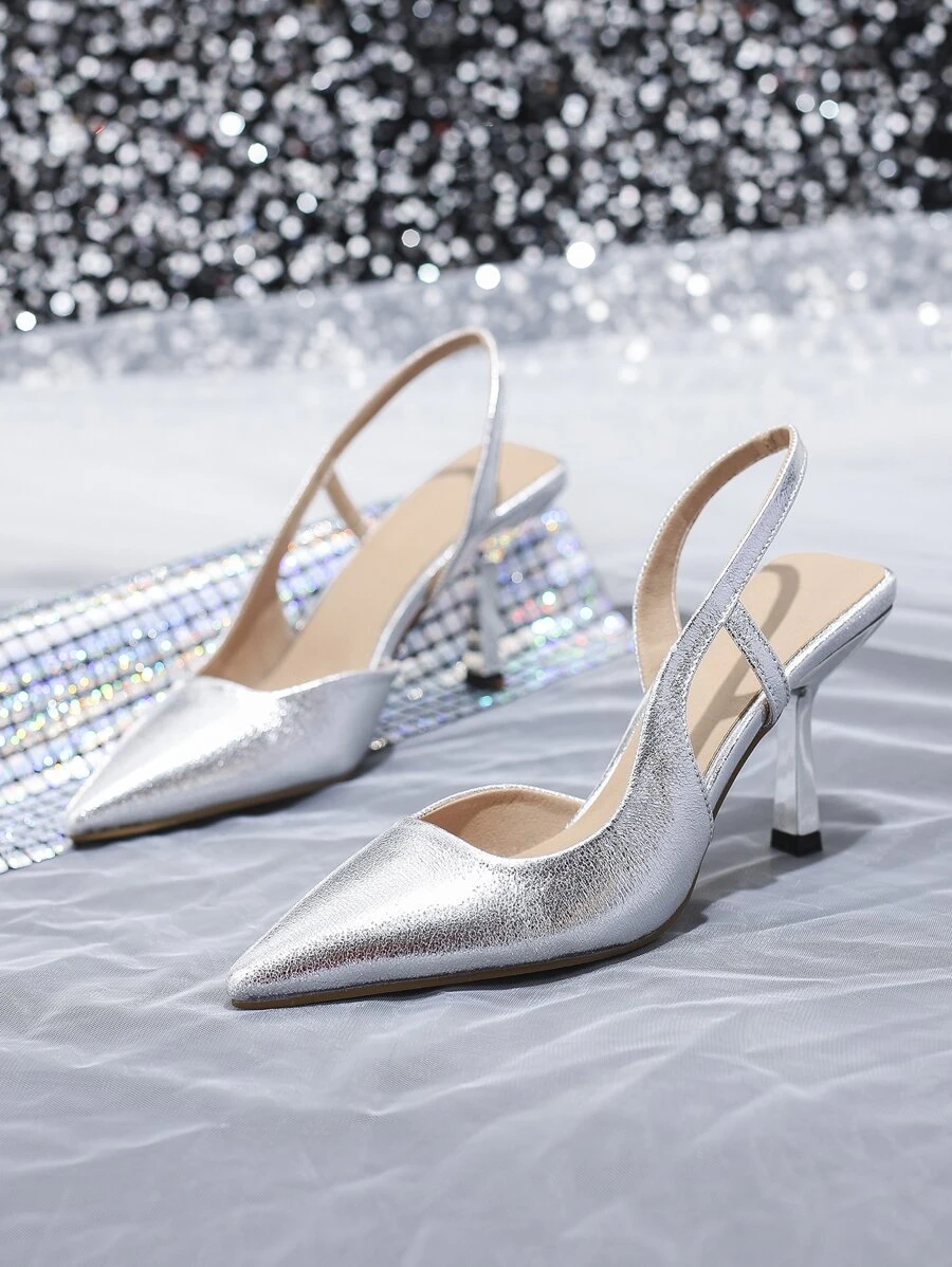 Glamorous Silver Slingback Pumps For Women, Point Toe Stiletto Heeled ...