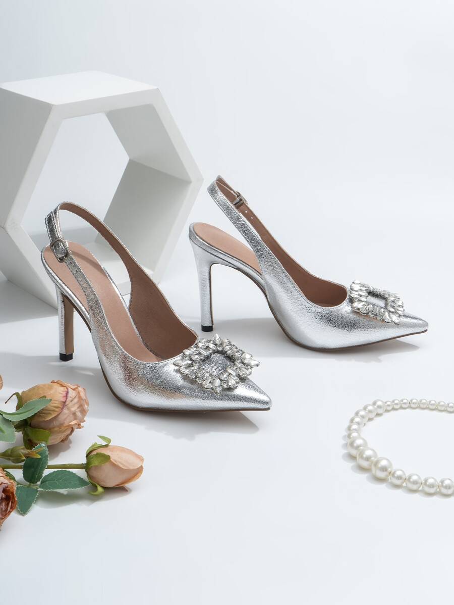 Glamorous Silver Slingback Pumps For Women, Rhinestone Decor Point Toe ...