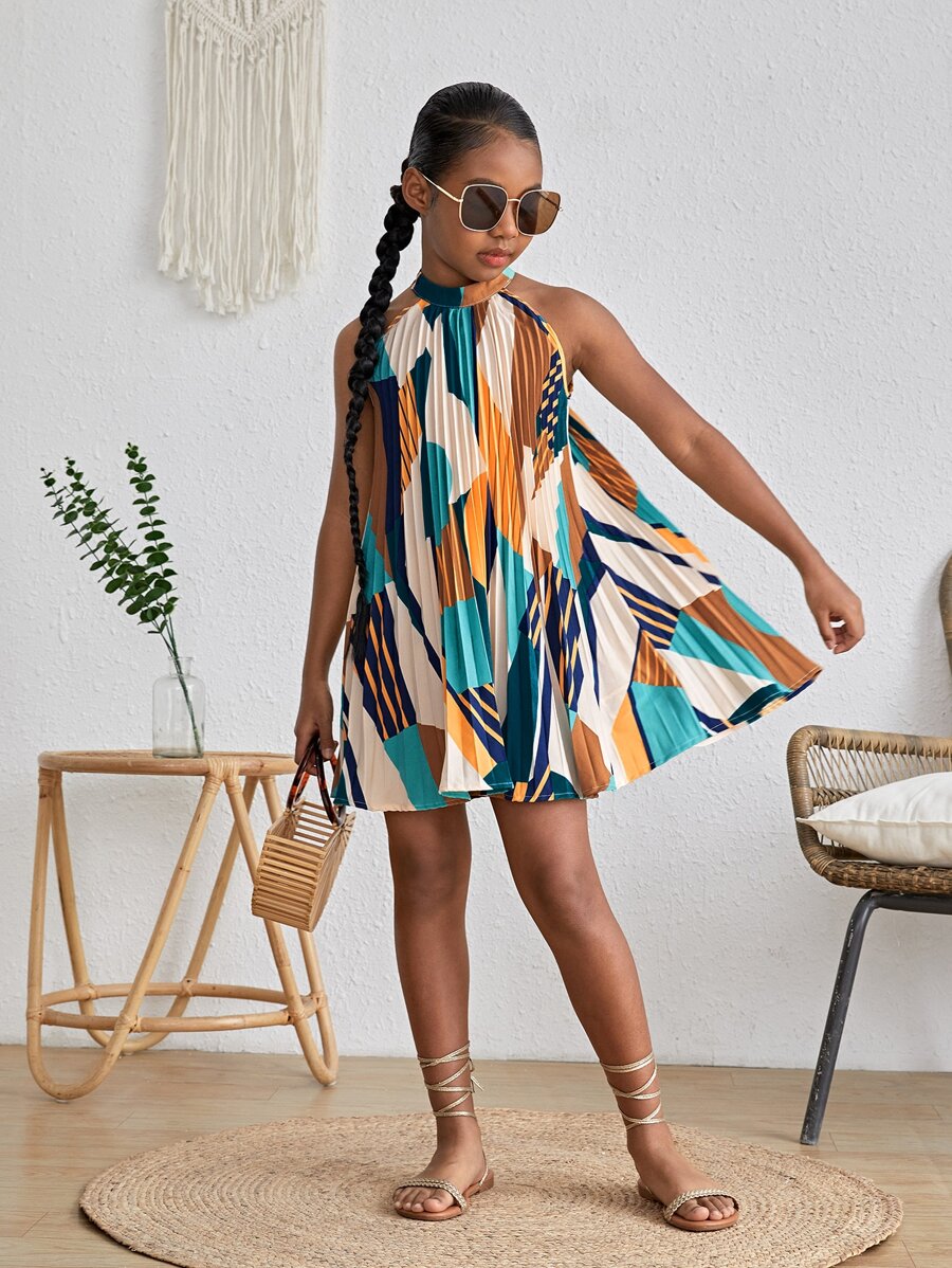 SHEIN Tween Girl Geo Print Halter Neck Pleated Detail Dress | SHEIN USA