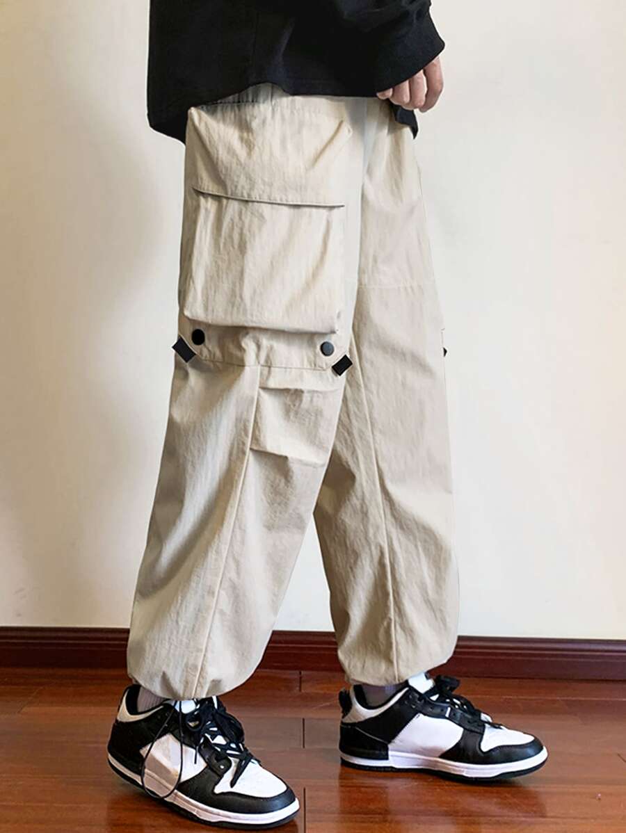 Manfinity EMRG Loose Fit Men's Cargo Pants With Adjustable Drawstring Waist, Letter Patch ...