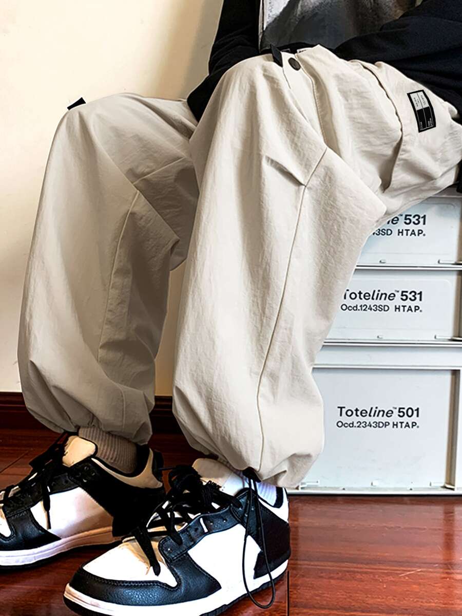 Manfinity EMRG Loose Fit Men's Cargo Pants With Adjustable Drawstring Waist, Letter Patch ...