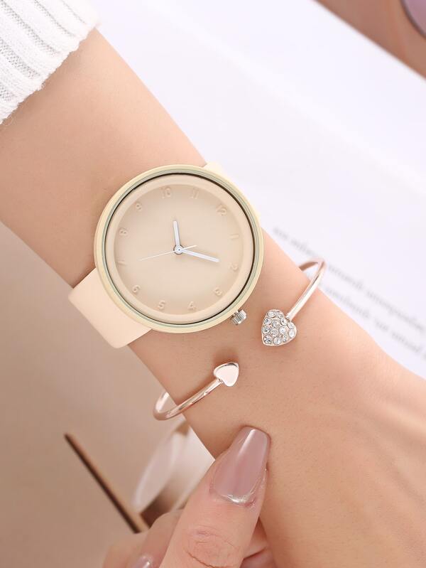 1pc Beige PU Polyurethane Strap Round Pointer Quartz Watch & 1pc ...