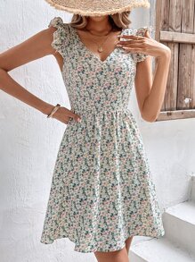 SHEIN Frenchy Ditsy Floral Print Contrast Lace Tie Backless Ruffle Trim Dress | SHEIN USA