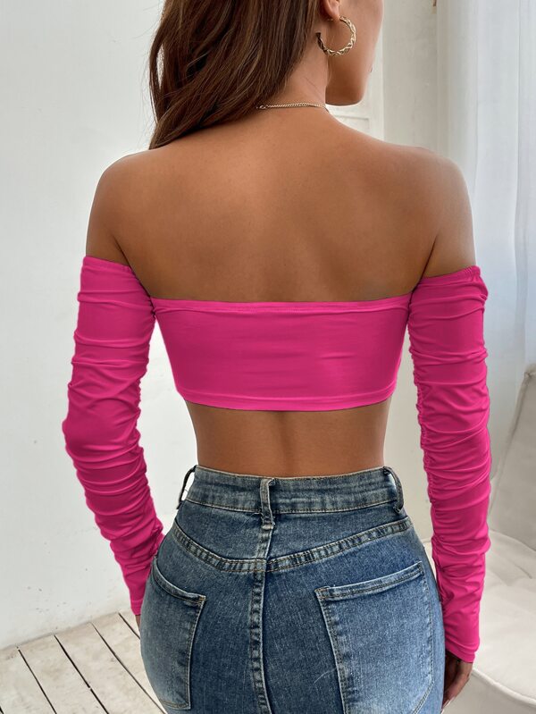 SHEIN PETITE Off Shoulder Drawstring Front Ruched Crop Top for Sale ...