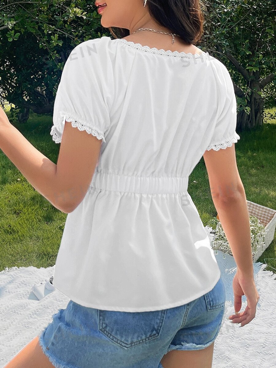 Shein Wywh Cottagecore Square Neck Puff Sleeve Lace Trim Peplum Blouse