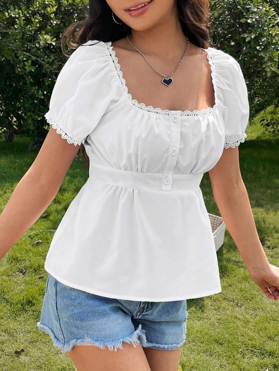 Soleia Cottagecore Square Neck Puff Sleeve Lace Trim Peplum Blouse ...