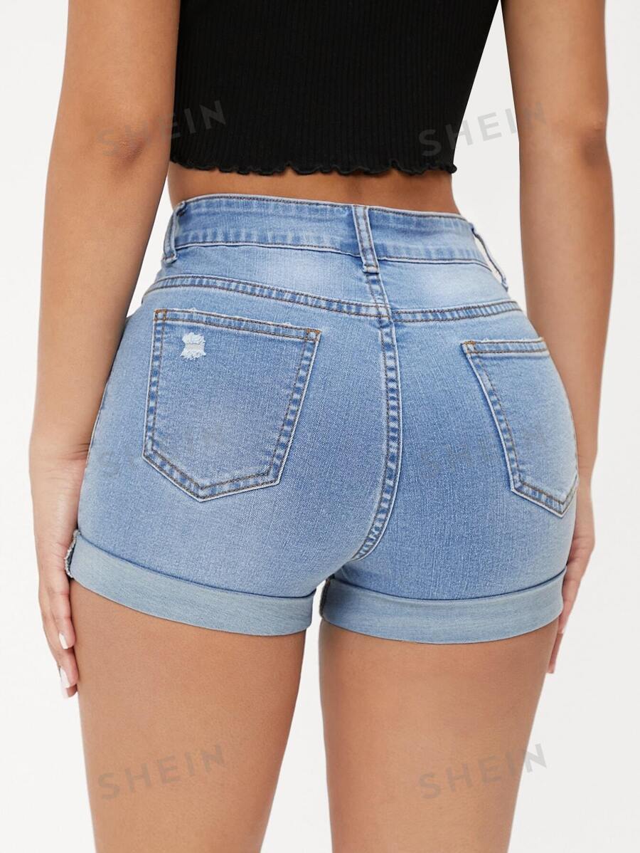 SHEIN PETITE Ripped Cuffed Denim Shorts | SHEIN UK