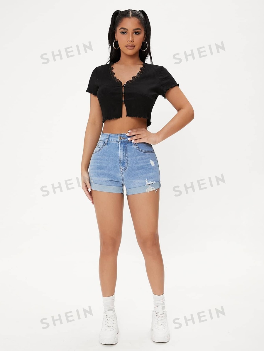 SHEIN PETITE Ripped Cuffed Denim Shorts | SHEIN UK