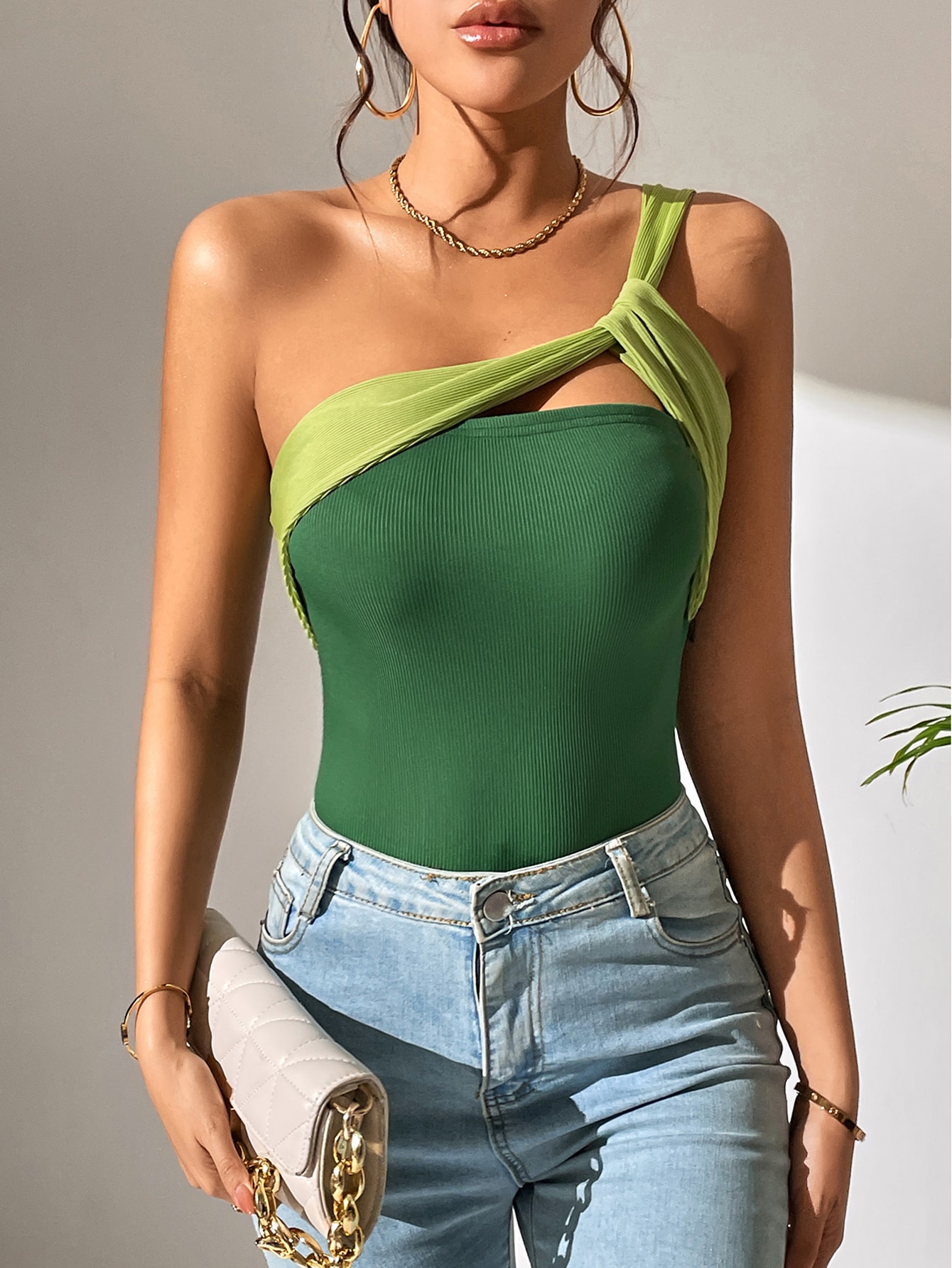 Shein Privé Two Tone One Shoulder Cut Out Bodysuit Shein Usa