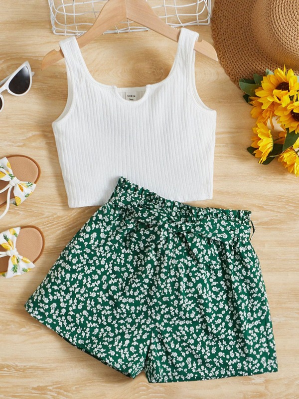 Shein Teen Girls Notched Neck Tank Top & Ditsy Floral Print Belted 