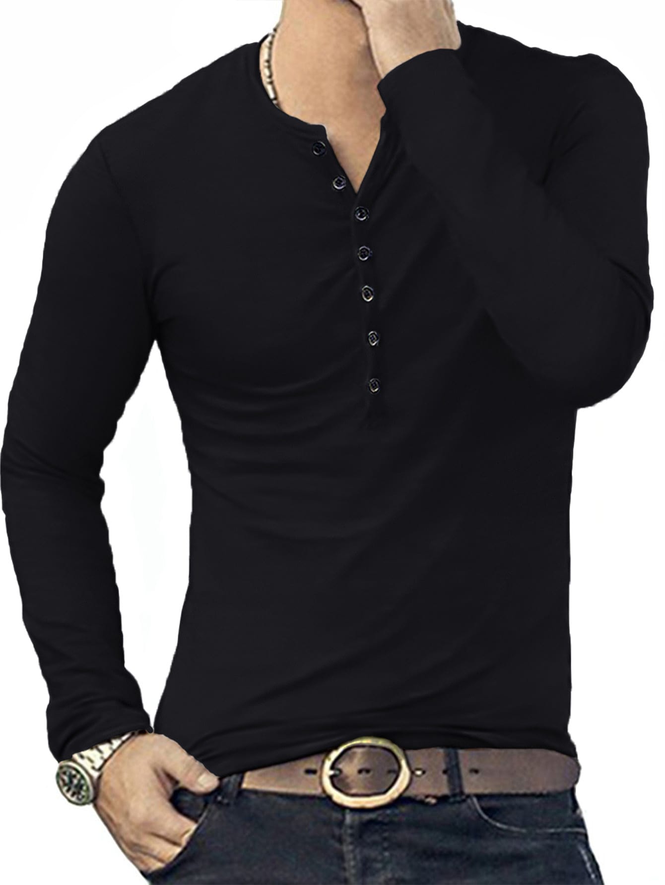 NITAGUT Men Cotton Solid Half Button Tee | SHEIN UK