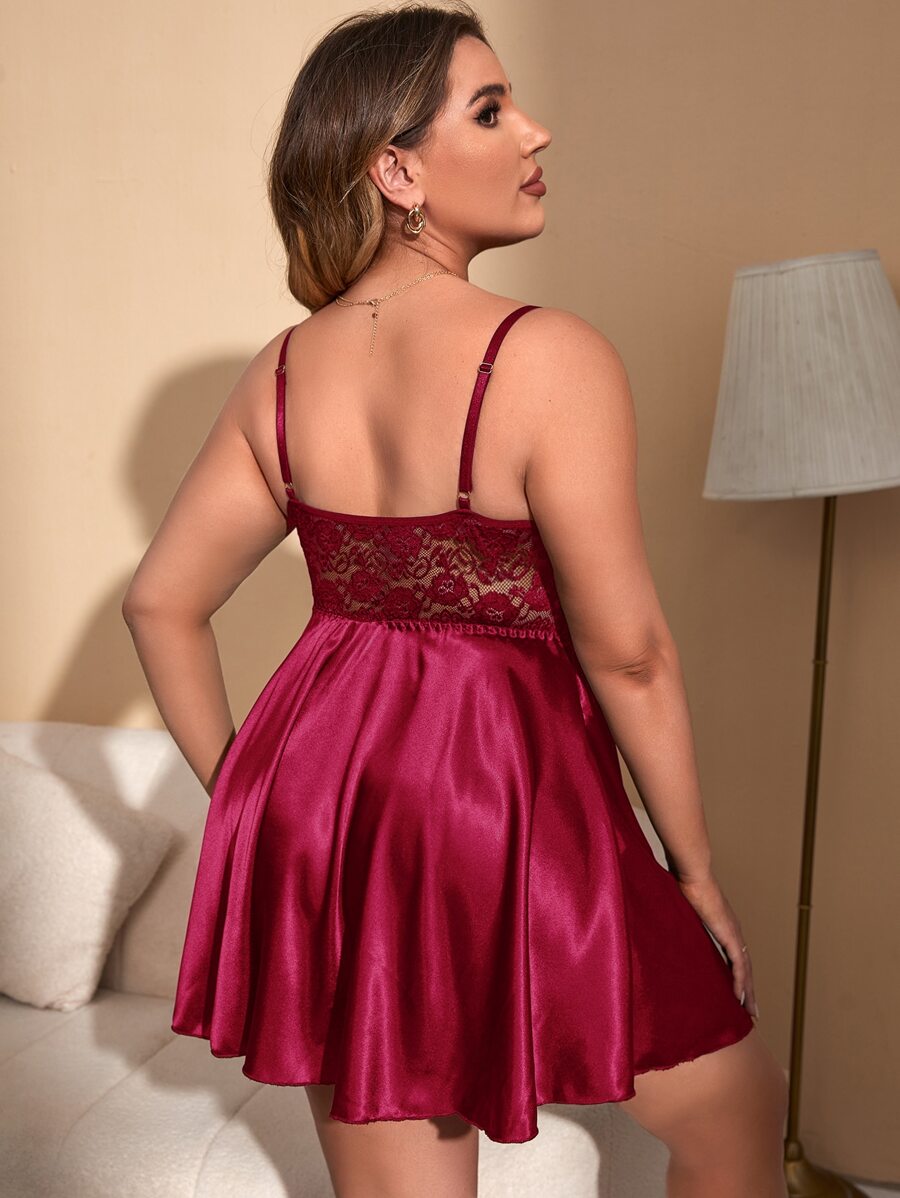 Classic Sexy Plus Contrast Lace Bow Front Satin Slips Without Thong