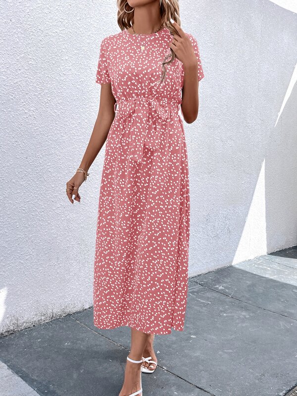 Shein Lune Allover Heart Print Belted Dress Shein Usa