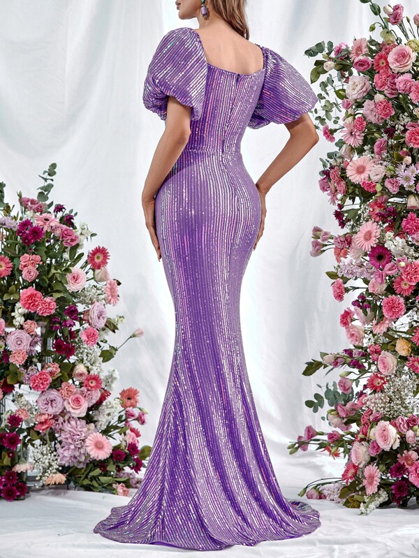 Off Shoulder Puff Sleeve Mermaid Hem Sequin Formal Dress | SHEIN USA