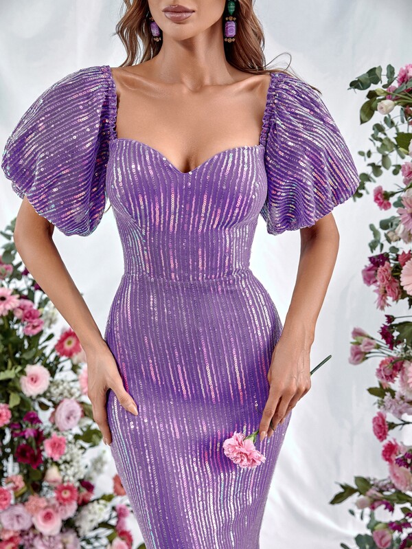 Off Shoulder Puff Sleeve Mermaid Hem Sequin Formal Dress | SHEIN USA