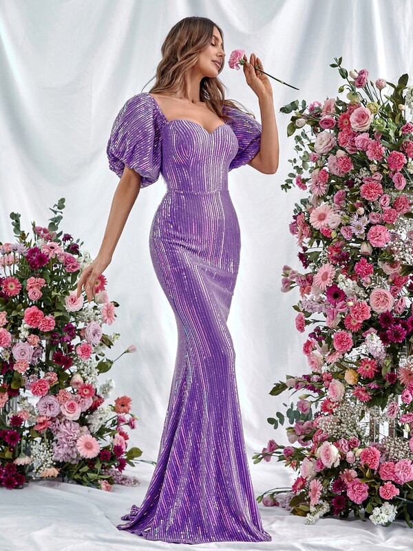 Off Shoulder Puff Sleeve Mermaid Hem Sequin Formal Dress | SHEIN USA