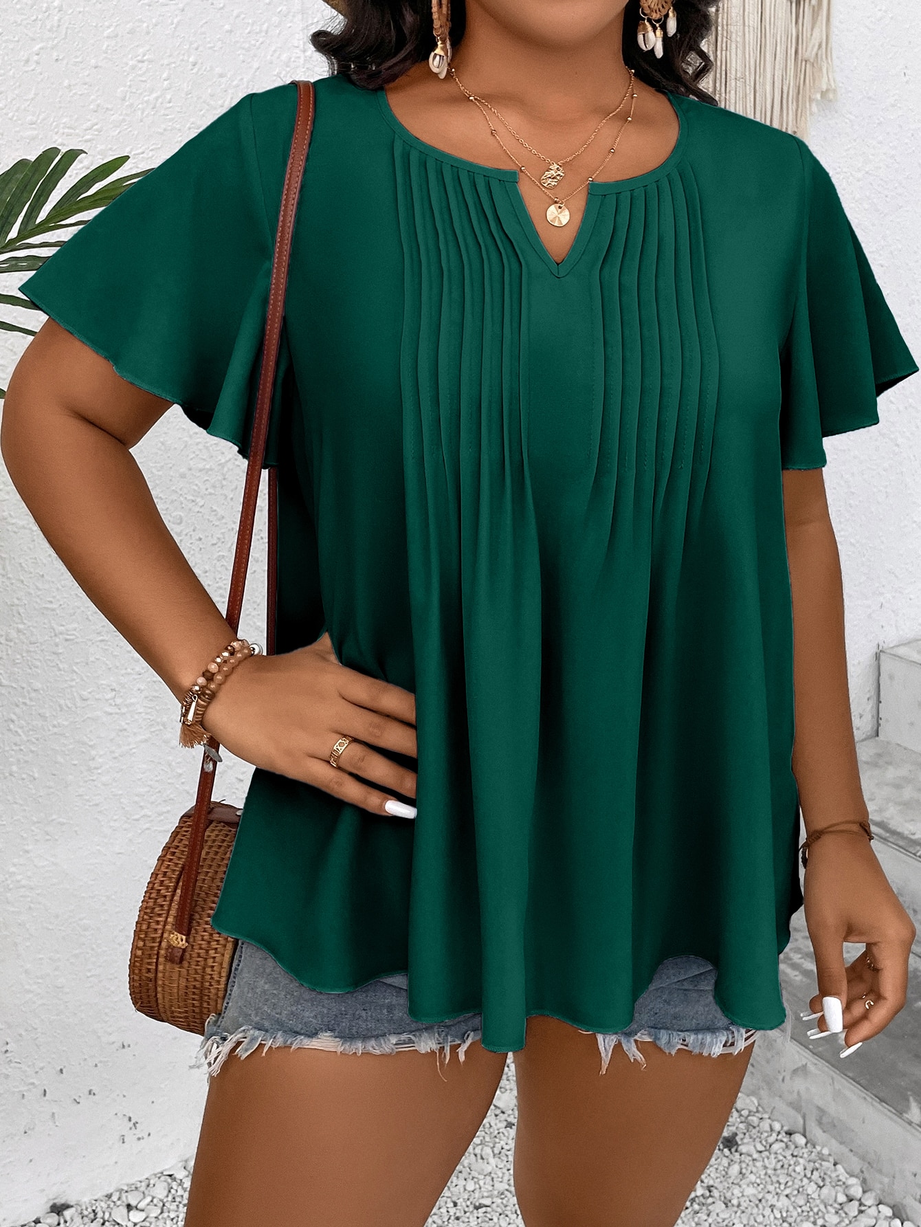 Shein Lune Plus Notched Neckline Butterfly Sleeve Blouse Shein Usa