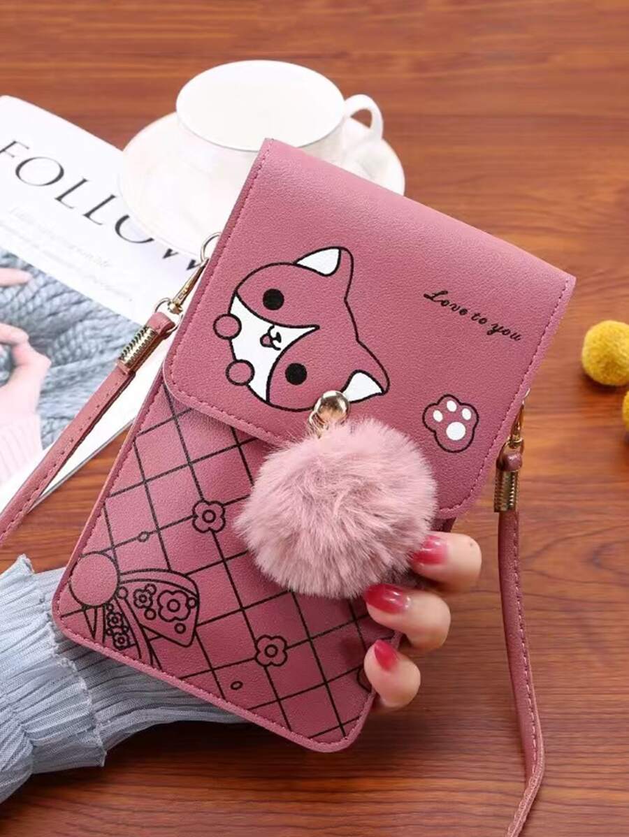 Plaid & Cartoon Cat Pattern Phone Wallet Pink Flap Pom Pom Decor For ...