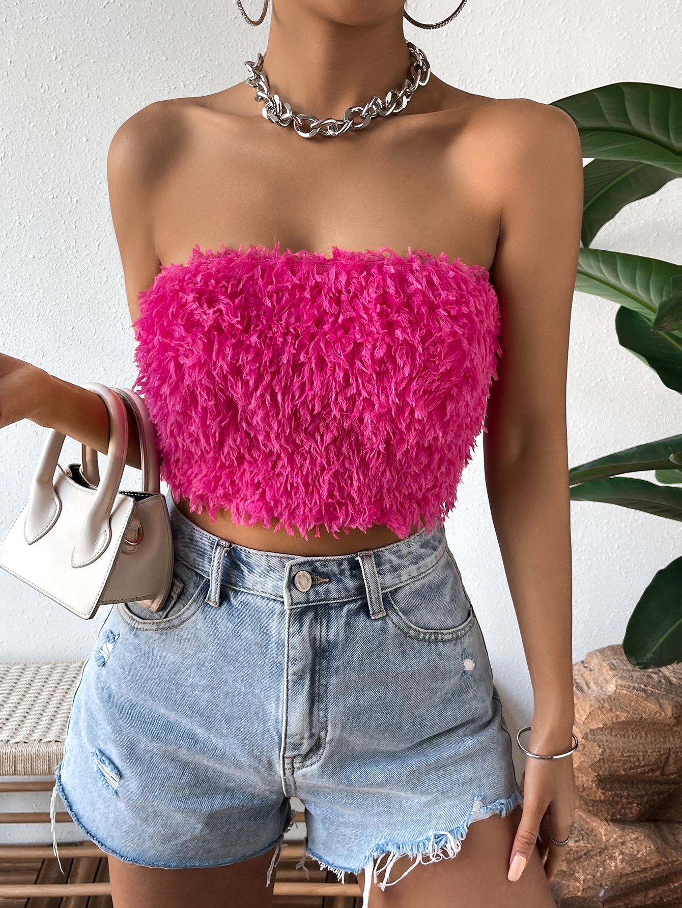 SHEIN BAE Solid Fuzzy Tube Top | SHEIN UK