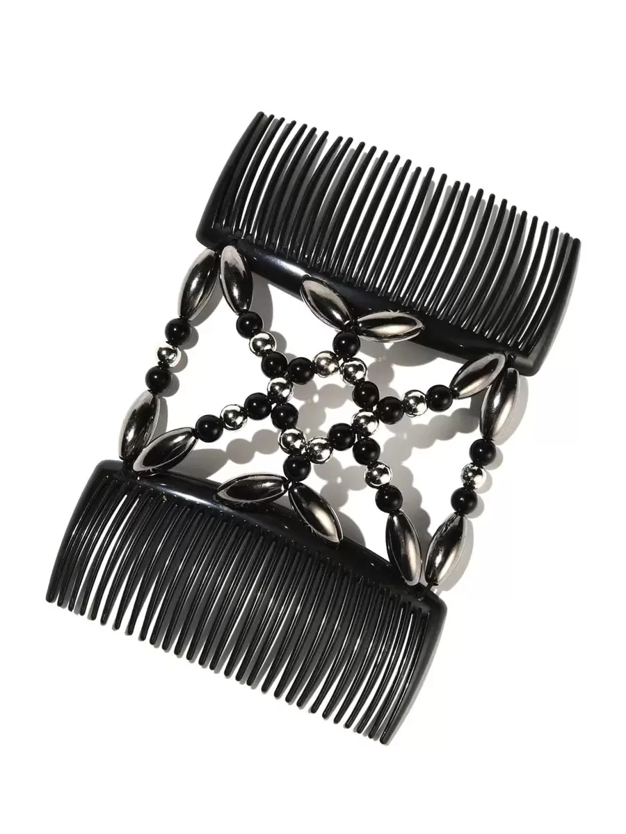 1pc Women's Black Shiny Ellipse Bead Double Row Elastic Magical Hair ...